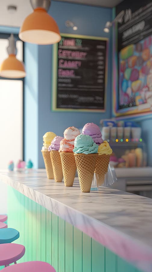 A Small Ice Cream Parlor with Colorful Scoops in Waffle Cones. Pic ...