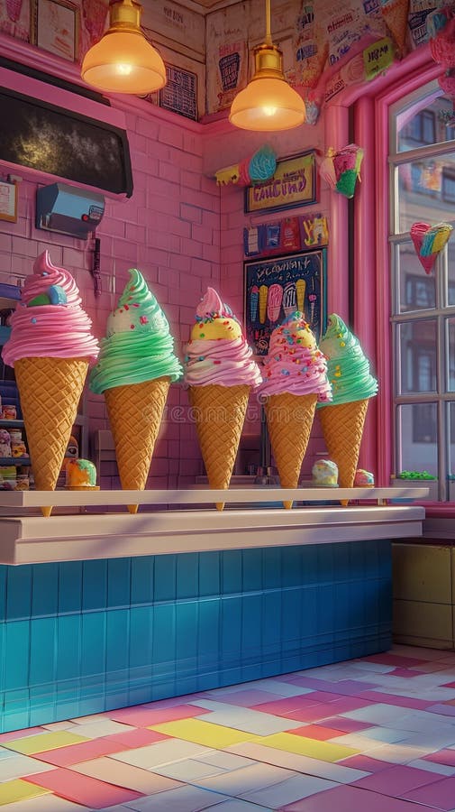 A Small Ice Cream Parlor with Colorful Scoops in Waffle Cones. Pic ...