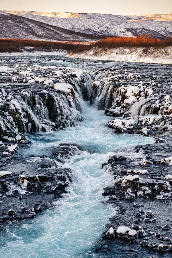 Small Iceland Waterfall in Winter Sunset Stock Photo - Image of travel ...