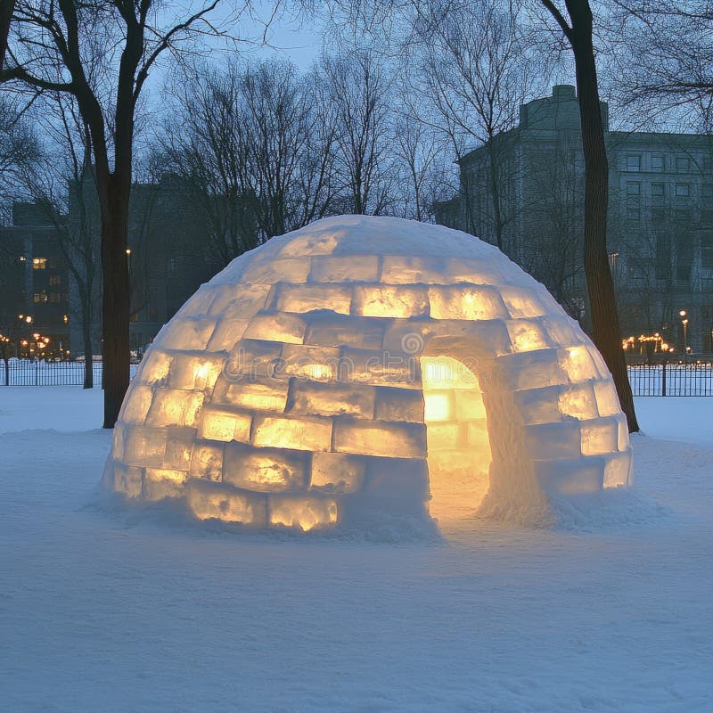 A Small Igloo Made of Ice Blocks is Lit Up with Lights Stock ...
