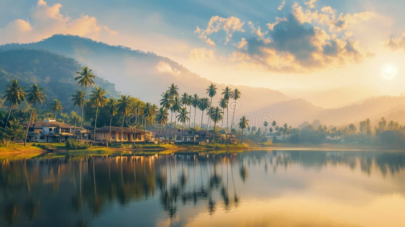 Small Indian Village by the River in South India Under Sunset Stock ...
