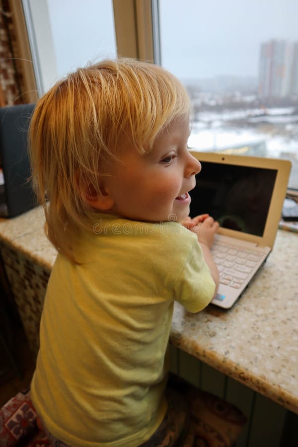 Small Infant Child Using a Laptop in First Time Stock Image - Image of ...