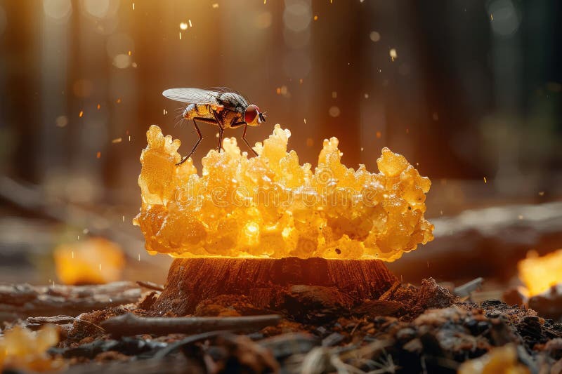 Golden Fly on a Glowing Mushroom in Forest Stock Illustration ...