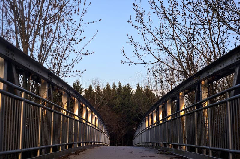 Small Iron Bridge in a Park at Sunset Stock Image - Image of dusk ...