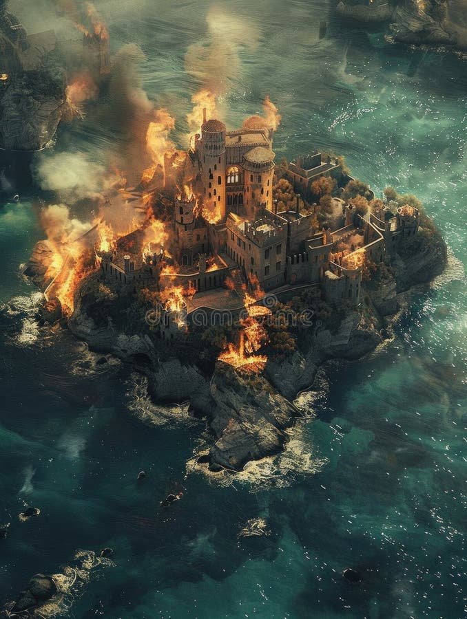 Small Island with Castle on it is on Fire Stock Image - Image of ...