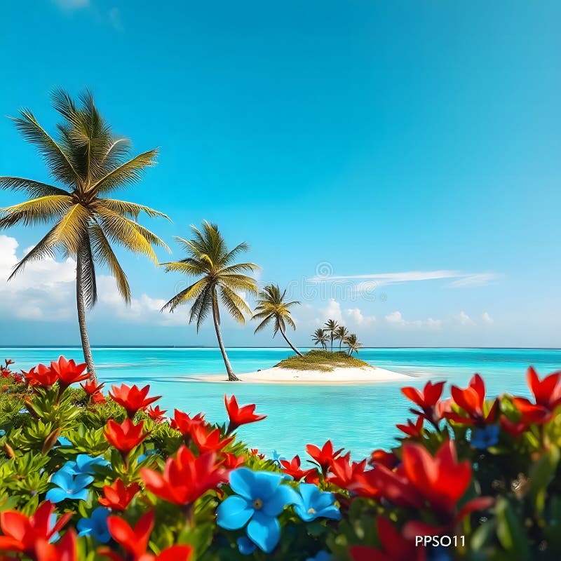 Escape To a Tiny Island with Bright Flowers and a Palm Tree Stock Image ...