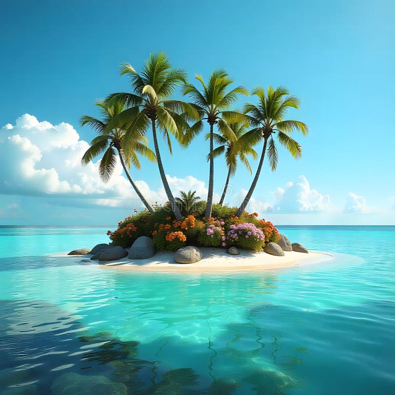 Discover Serenity on a Flower-Filled Island with a Palm Tree Stock ...