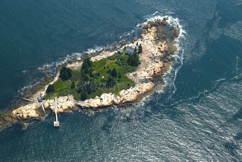 Small Island with Lighthouse in the Gulf of Maine, Aerial View Stock ...