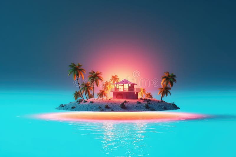 A Small Island with Palm Trees Neon Paradise Generative AI Stock ...