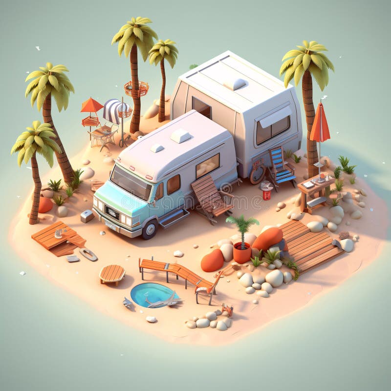 Small Island with Sandy Beach, Camping Car and Camping Equipment. Stock Illustration ...