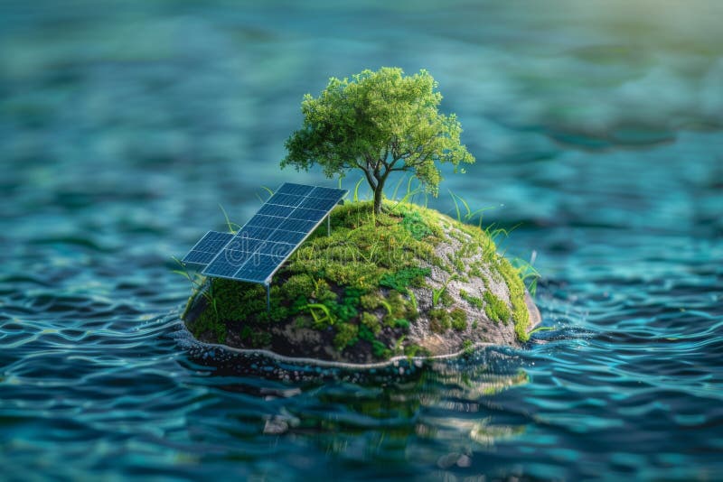 Sustainable Solar-Powered Island with a Tree in the Ocean, Highlighting ...