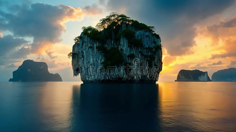 A Small Island with Trees on Top is Surrounded by Water and a Dramatic ...