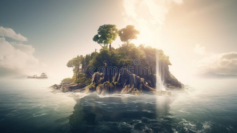 A Small Island with a Waterfall in the Middle of the Ocean and a Boat ...