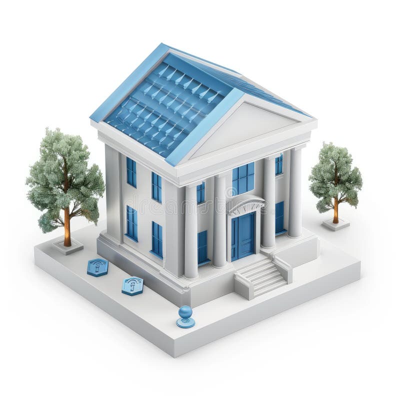 Classic Building with Columns and Blue Roof, Isometric View Stock ...