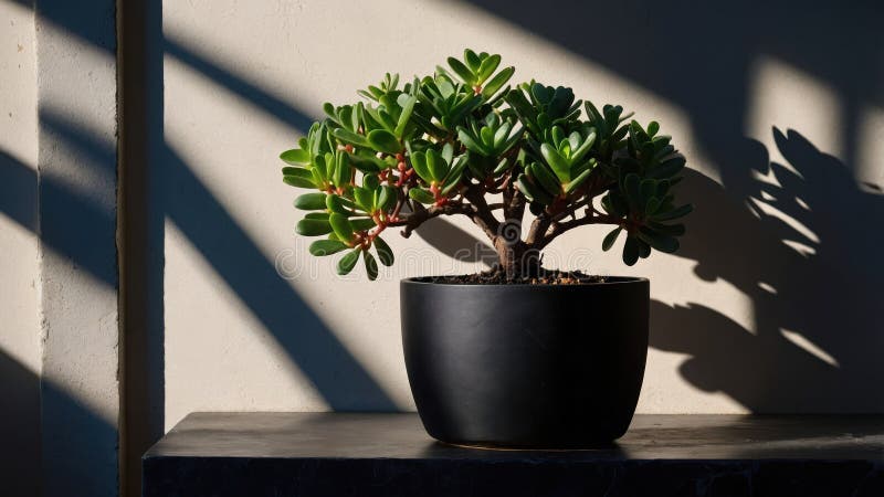Small Jade Plant in a Black Pot Casting Shadows on a Wall from Sunlight ...