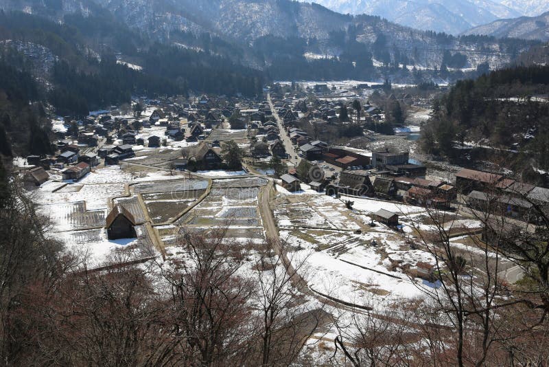 A Small Japanese Village in Winter and Surrounded by Mountains Stock ...