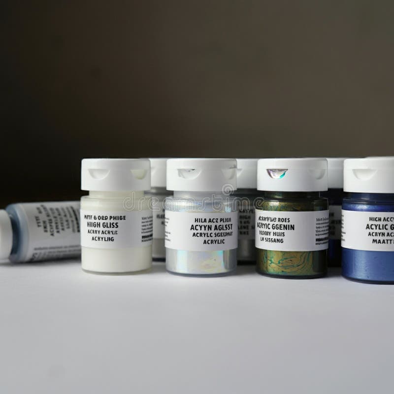 Small Jars of Acrylic Paint with White Labels are Arranged on a Flat ...