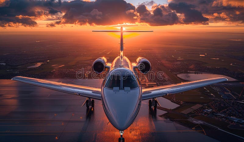 A Small Jet Plane is Flying in the Sky with the Sun Setting Behind it ...