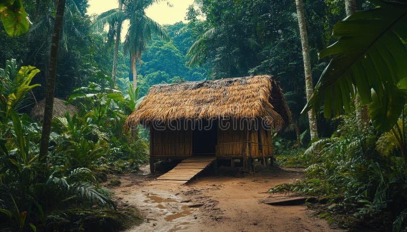 Small Jungle Shack Surrounded by Lush Greenery and Tall Trees at Dusk ...