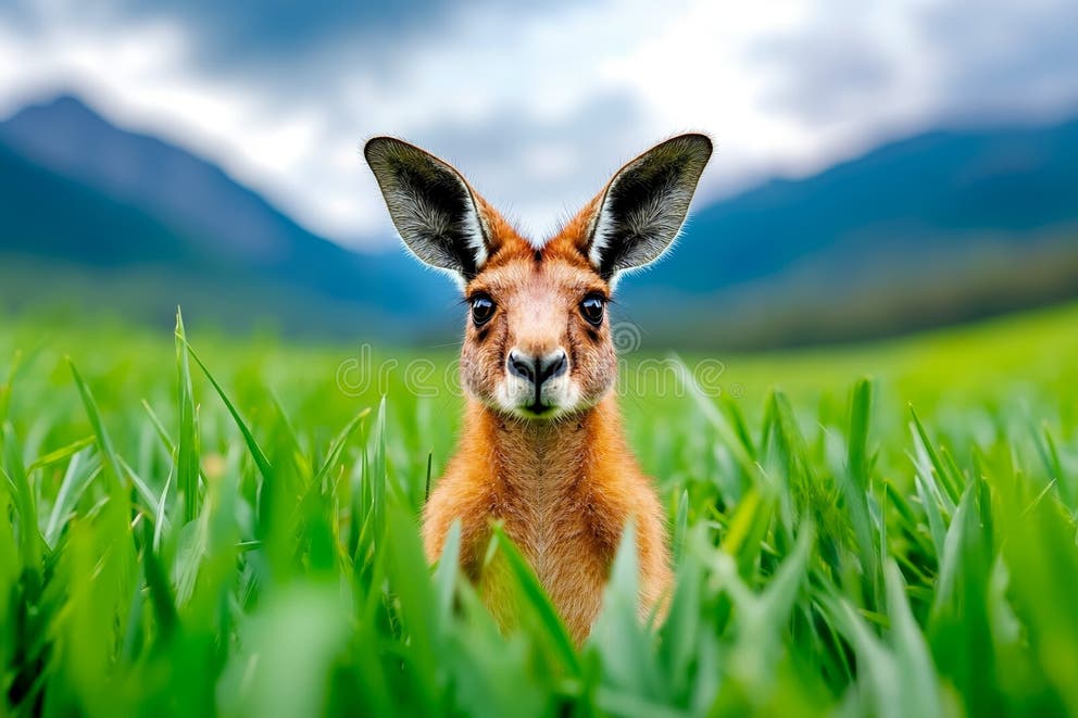 A Small Kangaroo Standing in a Field of Green Grass Stock Photo - Image ...