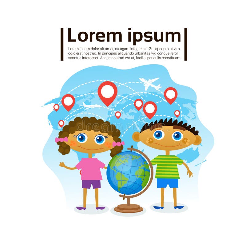Small Kids Holding Globe Over World Map, Children Learning Geography ...