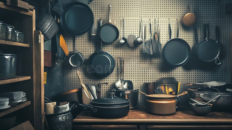A Small Kitchen with Hanging Pots and Pans on a Pegboard. Stock ...