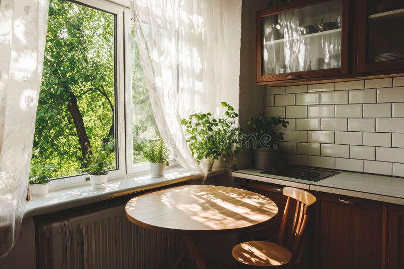 A Small Kitchen with a Window Overlooking the Garden Stock Illustration ...