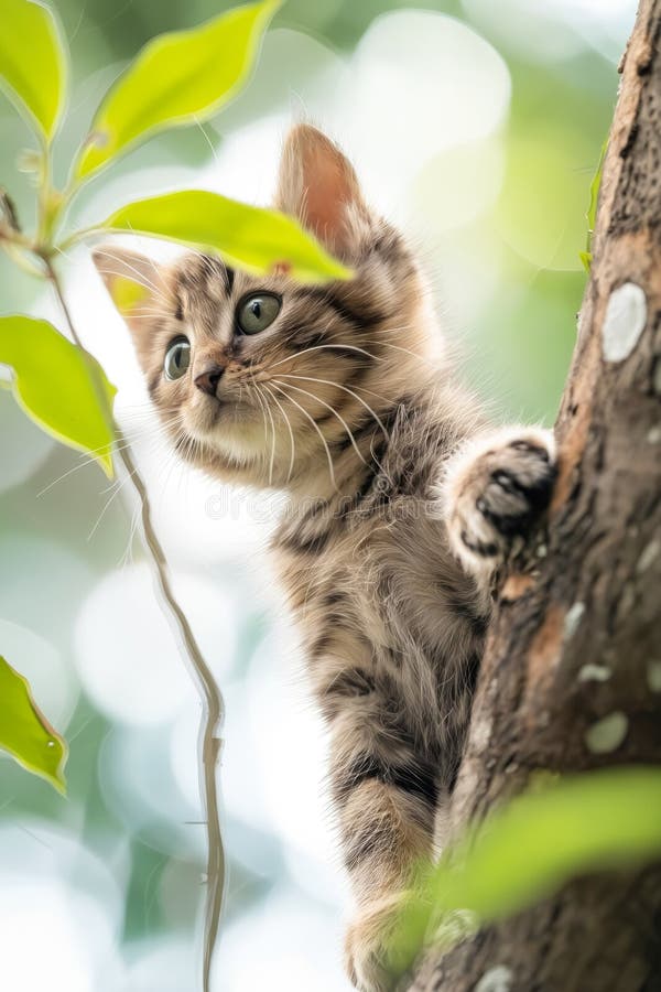 A Small Kitten Climbing Up a Tree Branch with Green Leaves. Generative ...