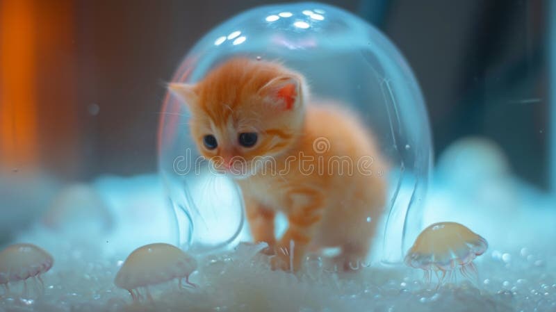 A Small Kitten Inside a Glass Bubble with Jellyfish, AI Stock Photo ...