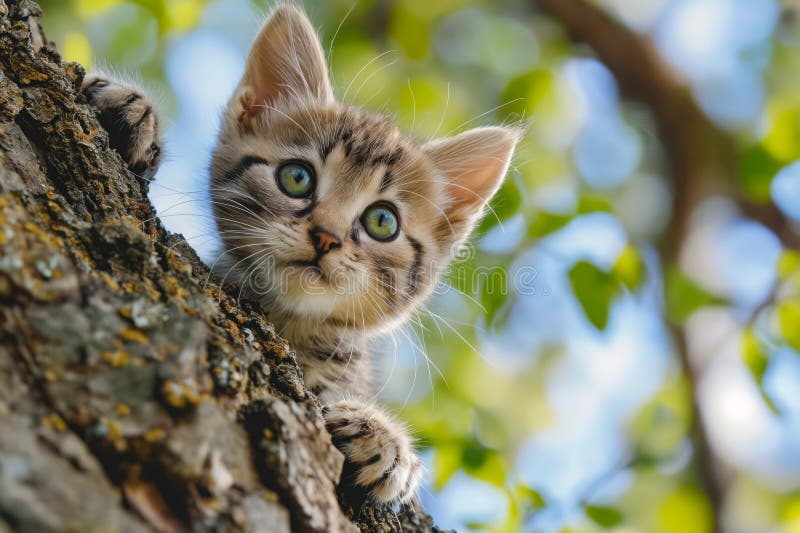 A Small Kitten Peeking Out from Behind a Tree. Generative AI Stock ...