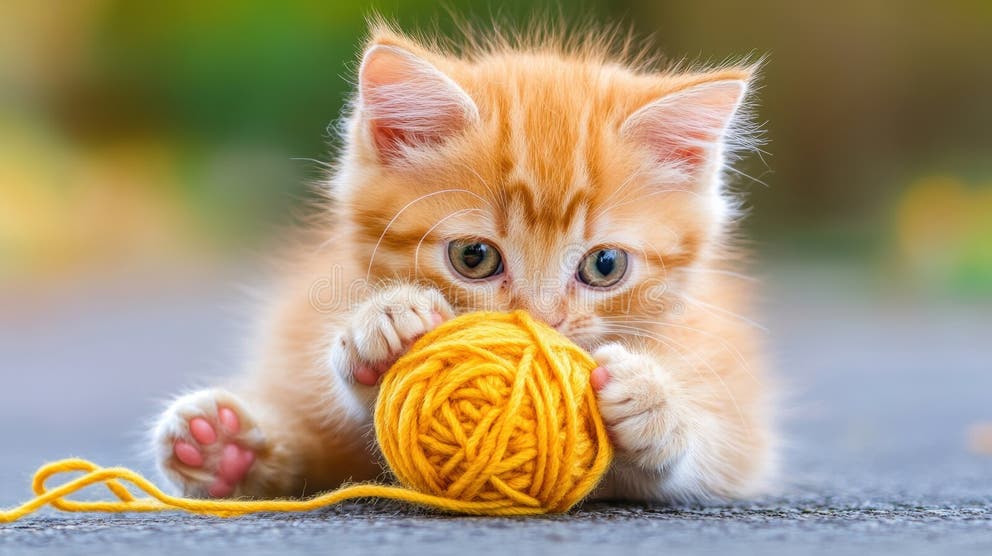 A Small Kitten Playing with a Yellow Ball of Yarn, AI Stock Photo ...