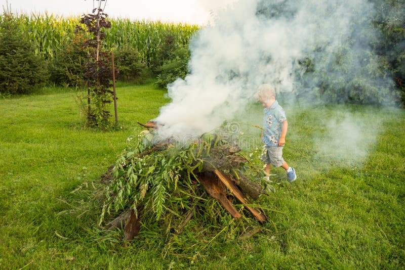A Young Boy Building a Bonfire Stock Image - Image of leafy, campfire ...