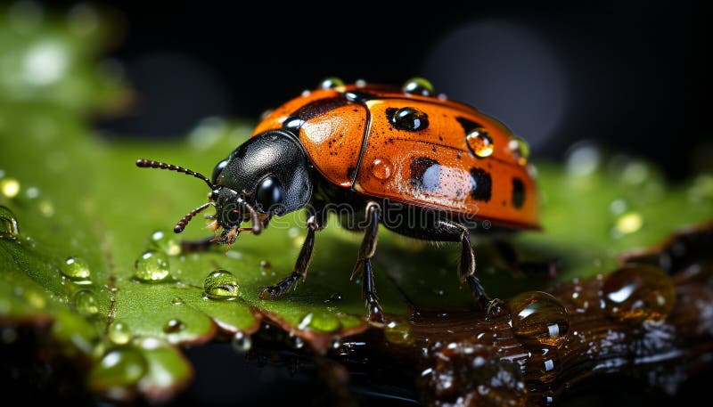 A Small Ladybug Crawls on a Wet Green Leaf Generated by AI Stock Photo ...
