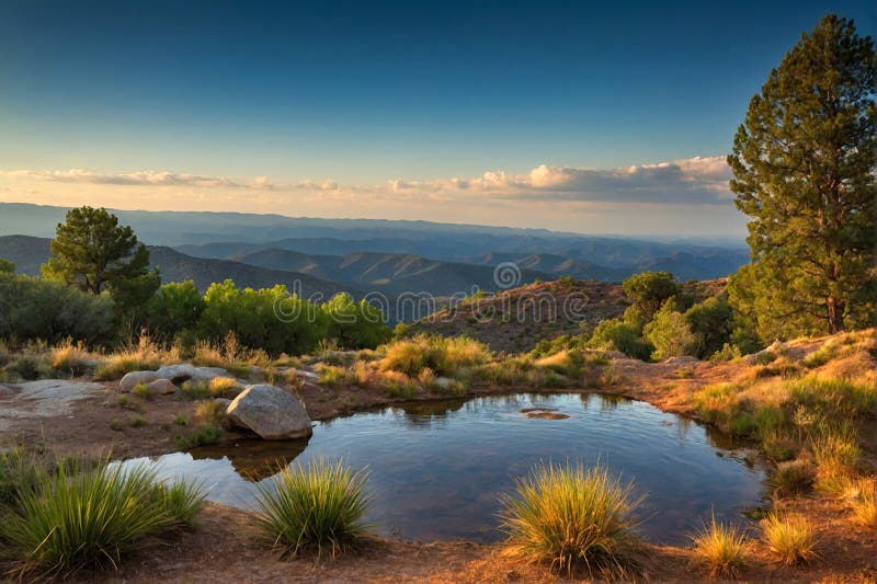 A small lake on a hike stock illustration. Illustration of hike - 336100957