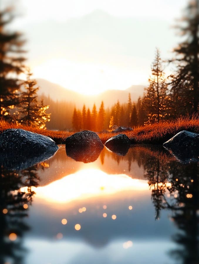 A Small Lake in the Middle of a Forest with Rocks in the Water Stock ...