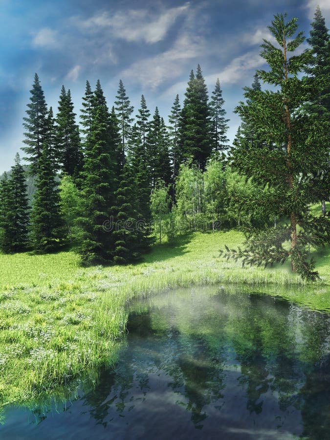 Small lake among trees stock illustration. Illustration of landscape ...