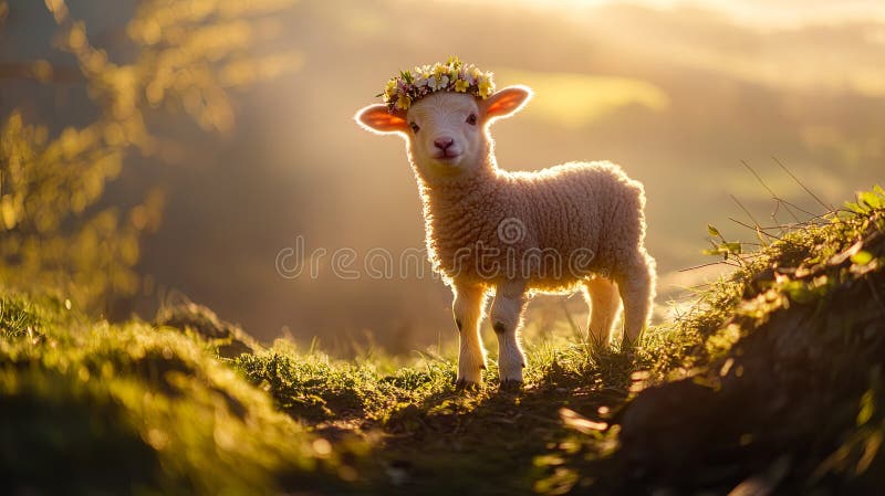 A Small Lamb with a Flower Crown, Standing on a Grassy Hillside with ...