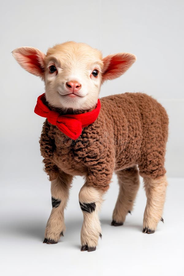 A Small Lamb with a Red Bow Tie Standing on a White Surface Stock Image ...