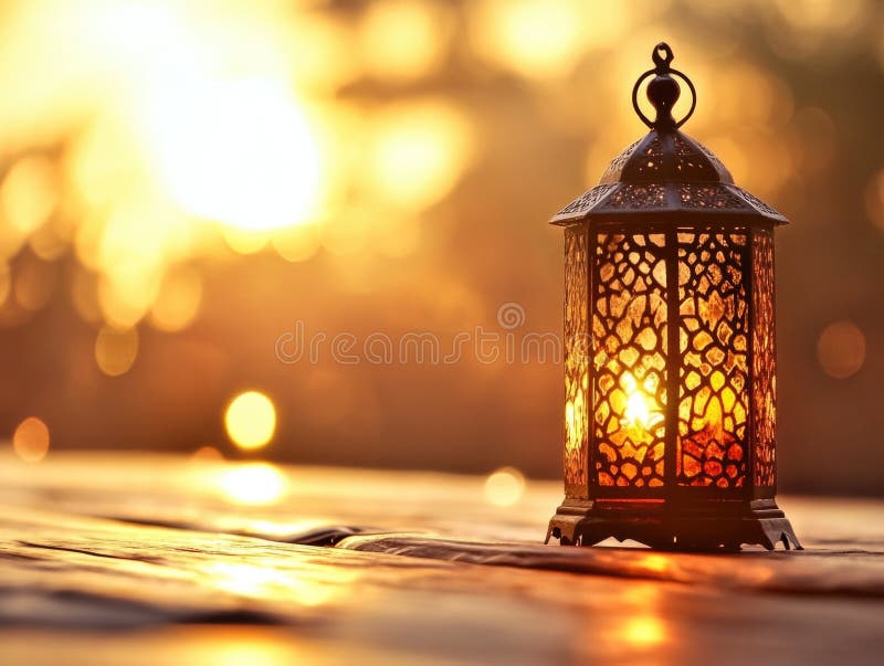 A Small Lantern Sits on Top of a Wooden Table, Providing Warm Light ...