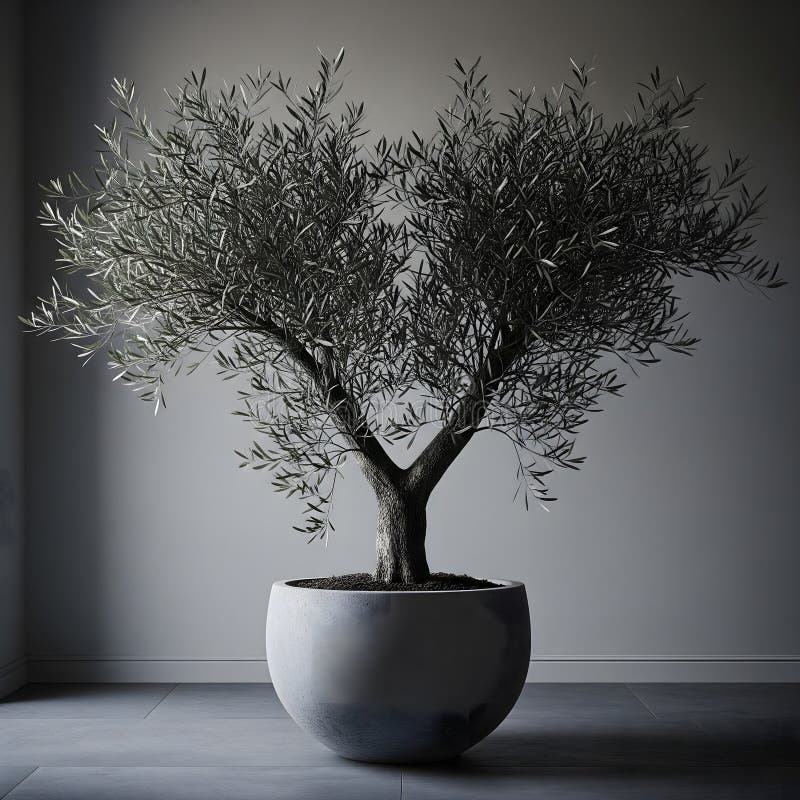 A Small, Leafy Olive Tree in a Minimalist Round Pot Stands in a Muted ...