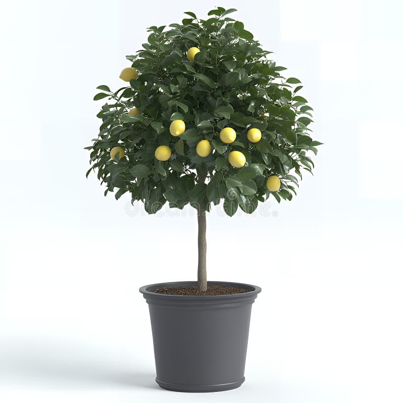 A Small Lemon Tree in a Gray Pot with Several Ripe Lemons Stock ...
