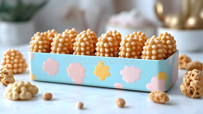 Small Light Brown Confections Stacked in Patterned Box on Marble ...