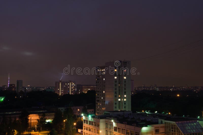 Small Lightning in the Night Sky Stock Image - Image of town ...