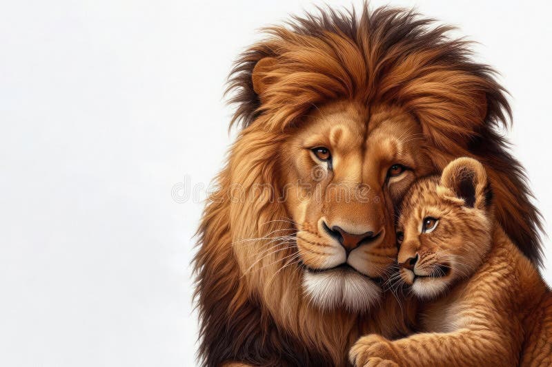 A Small Lion Cub Snuggles Up To a Large Lion. Space for Text. Stock ...