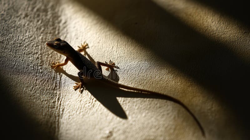 A Small Lizard Relaxes Under Sunlight, Casting Elongated Shadows on a ...