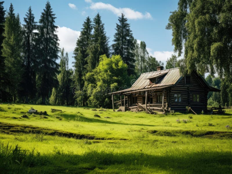 A Small Log Cabin in the Forest Stock Illustration - Illustration of ...
