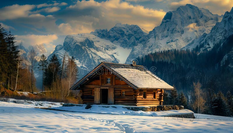 A Small Log Cabin in the Snow Near Mountains Stock Image - Image of ...
