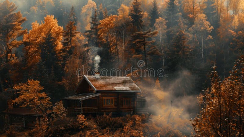 A Small Log Cabin in the Woods with a Chimney and a Fire Burning Stock ...