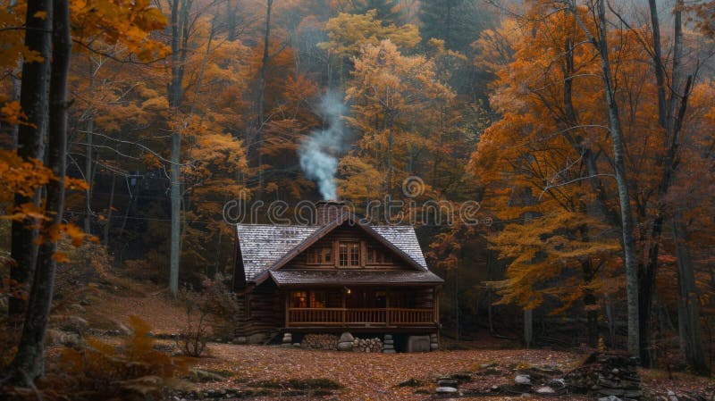 A Small Log Cabin in the Woods with a Chimney and a Fire Burning Stock ...