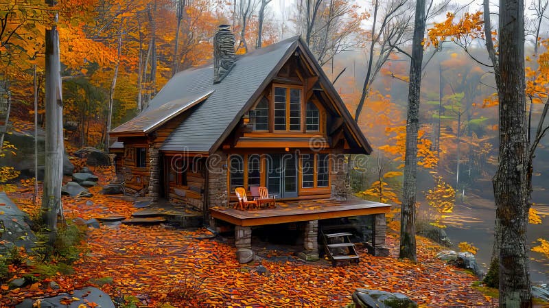 A Small Log Cabin in the Woods Surrounded by Fall Foliage Stock Photo ...
